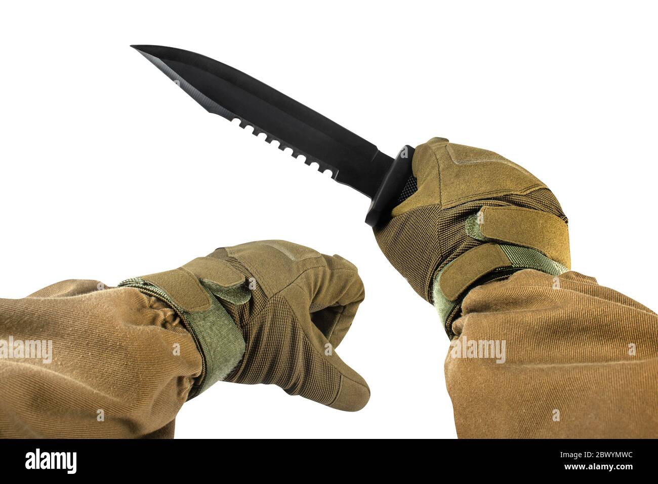 Isolated photo of a first person view arms in tactical jacket and ...