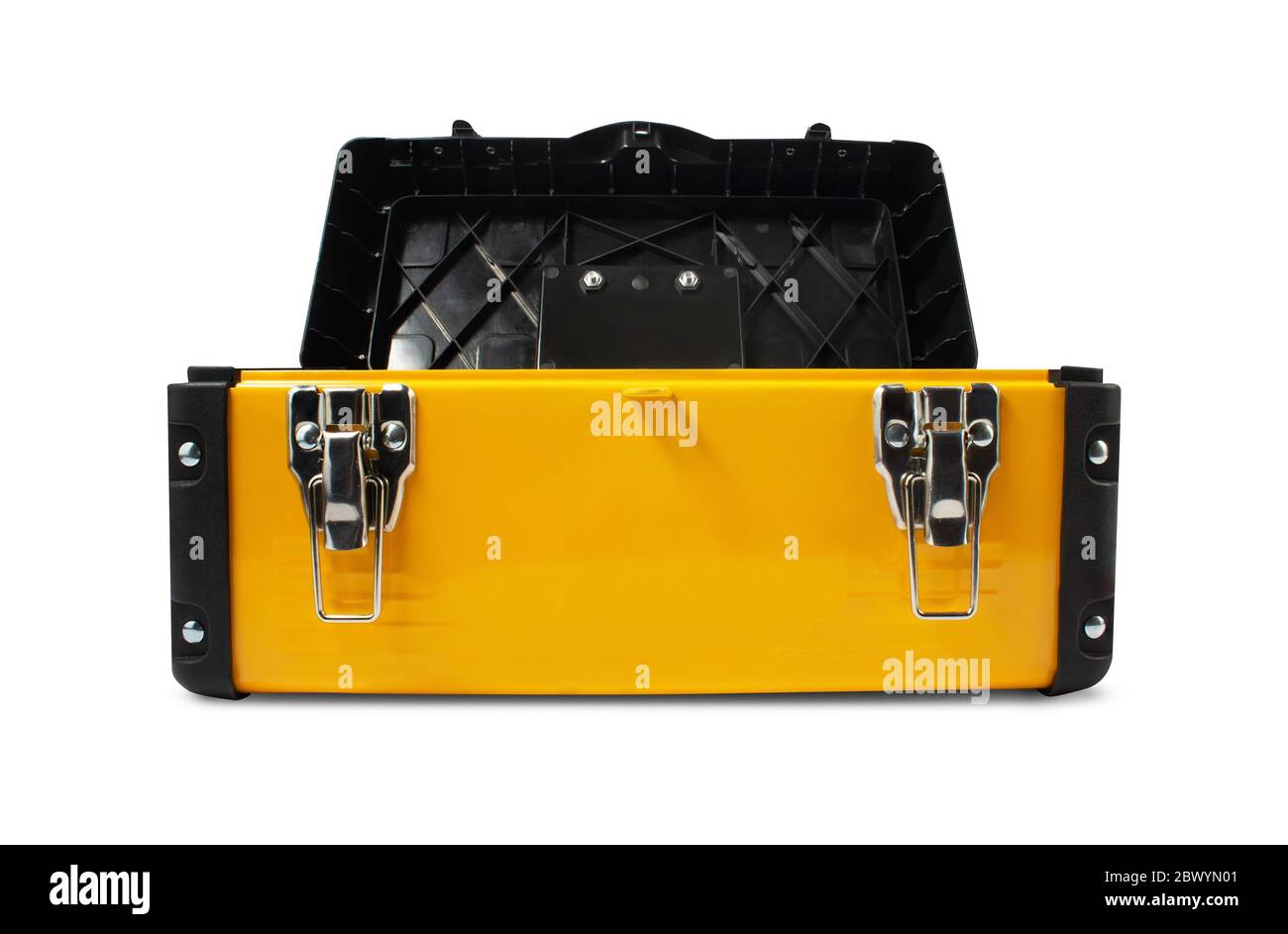 Opened yellow toolbox with orange arm grip isolated on white background ...