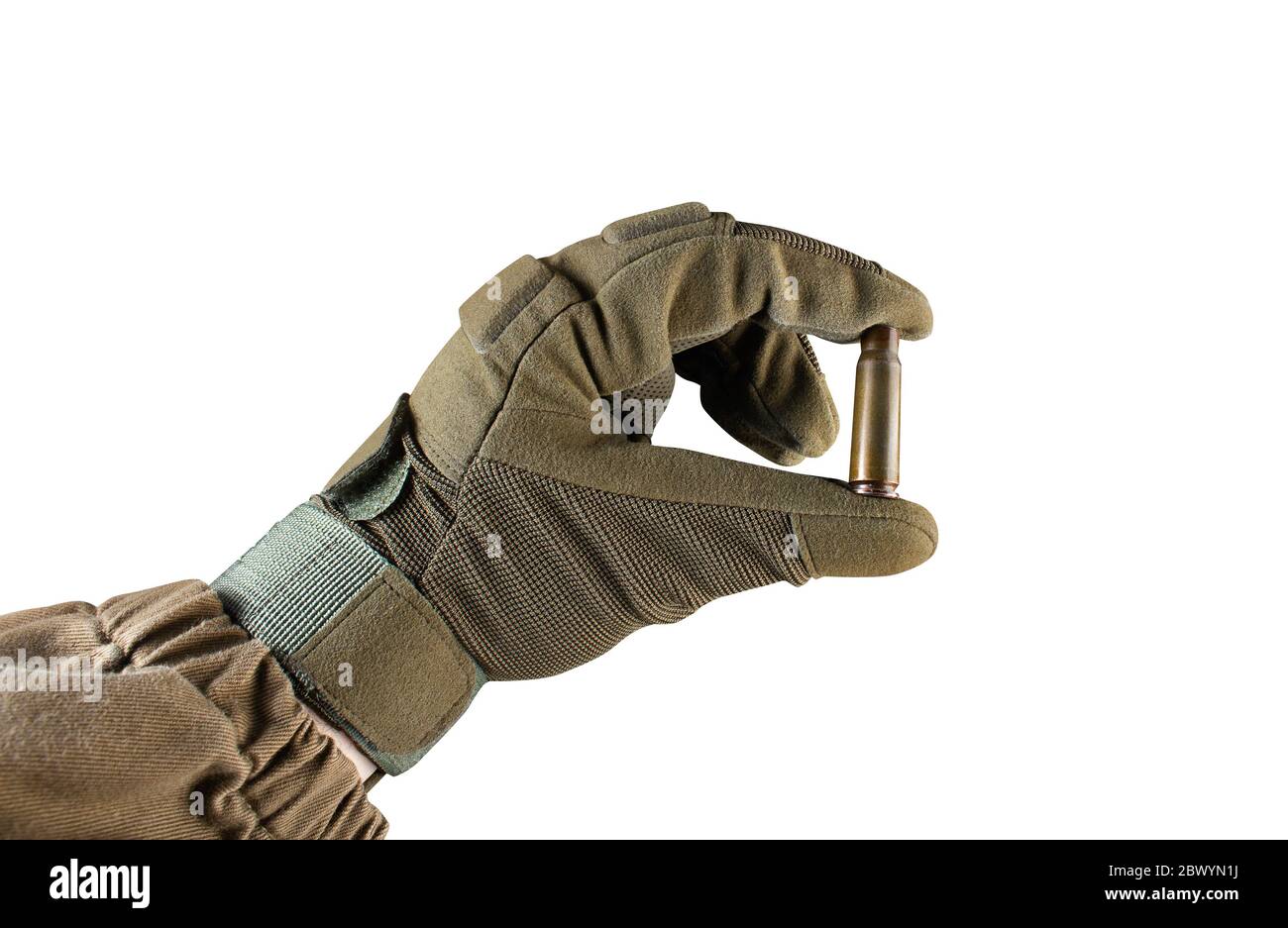 Isolated photo of a first person view arm in tactical jacket and gloves holding Ak 47 rifle ...