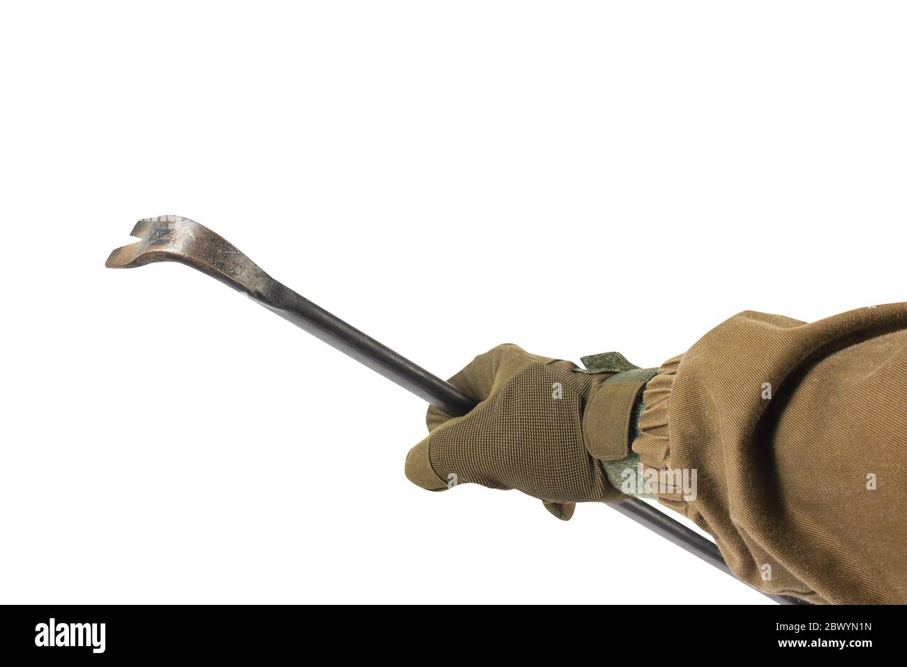 Isolated photo of a first person view arm in tactical jacket and gloves ...