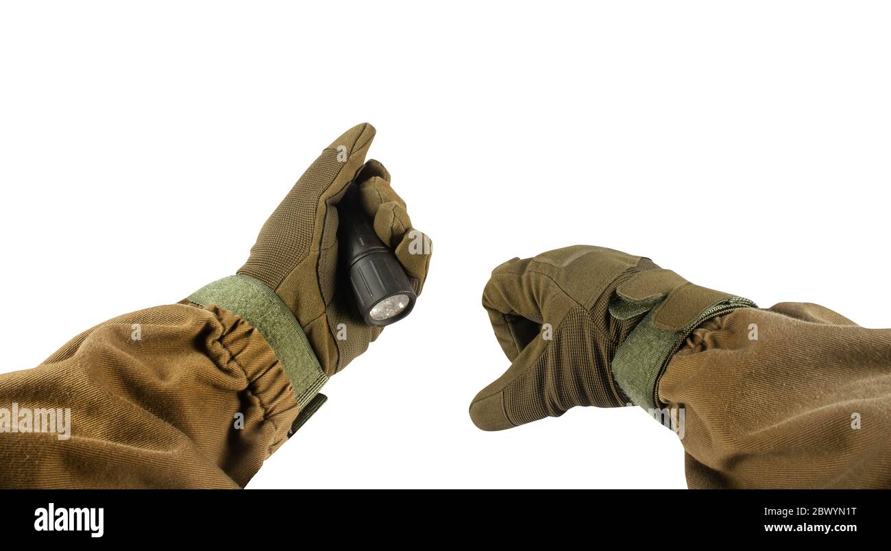 Isolated photo of a first person view arms in tactical jacket and ...