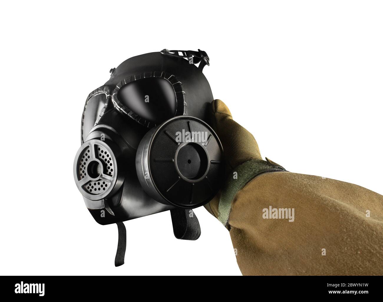 Isolated first person view military hand in tactical gloves holding gas ...