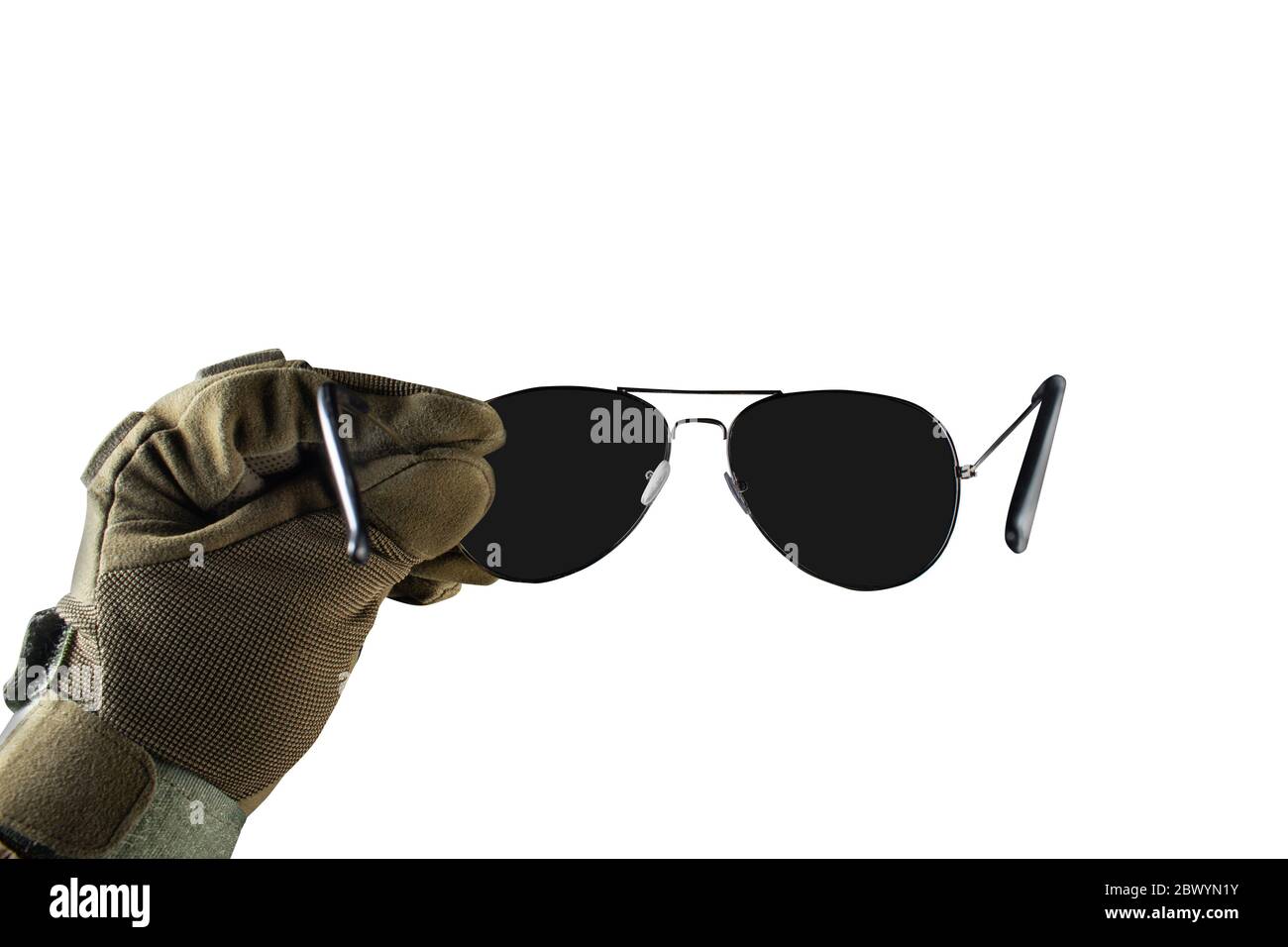 Isolated photo of a first person view arm in tactical jacket and gloves ...
