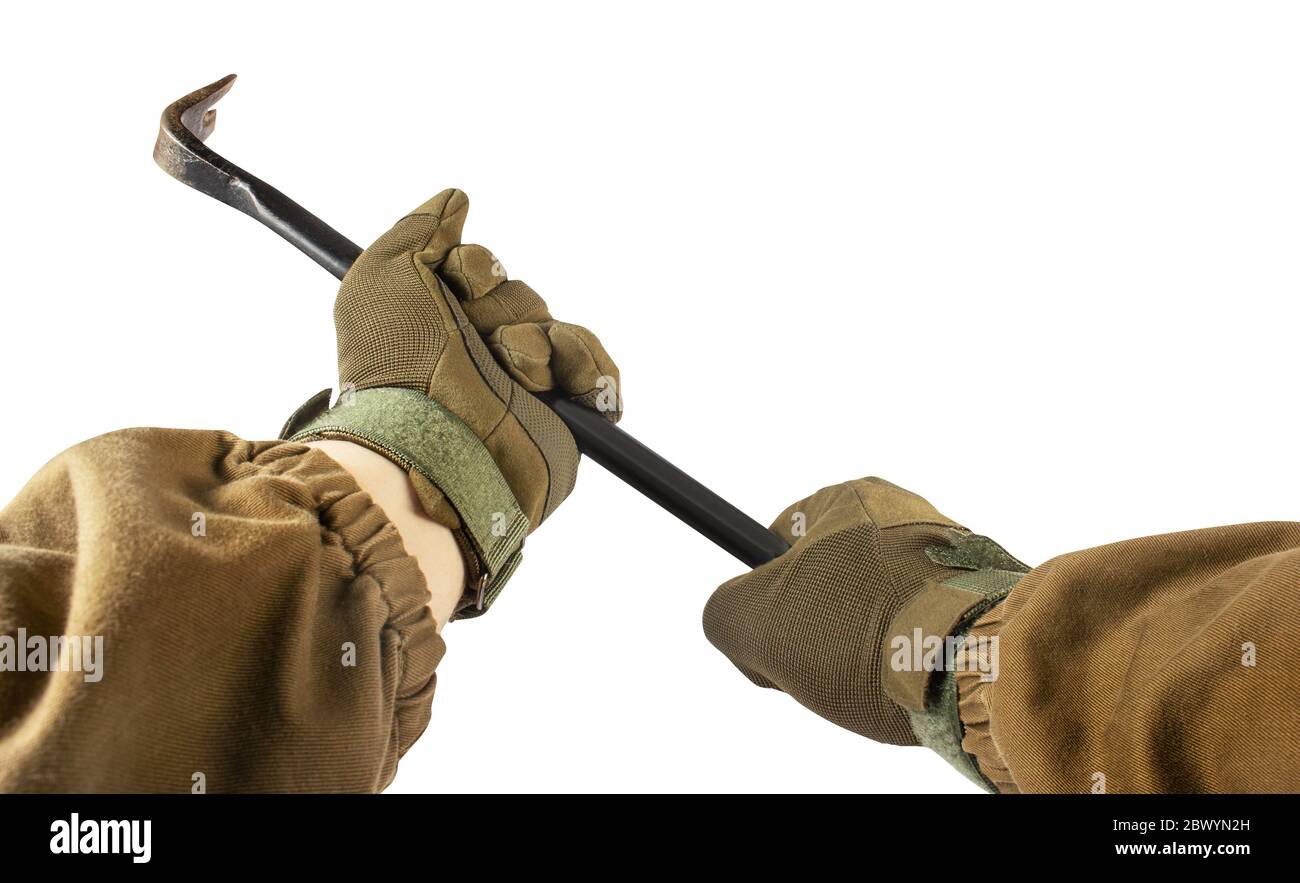 Isolated photo of a first person view arms in tactical jacket and ...