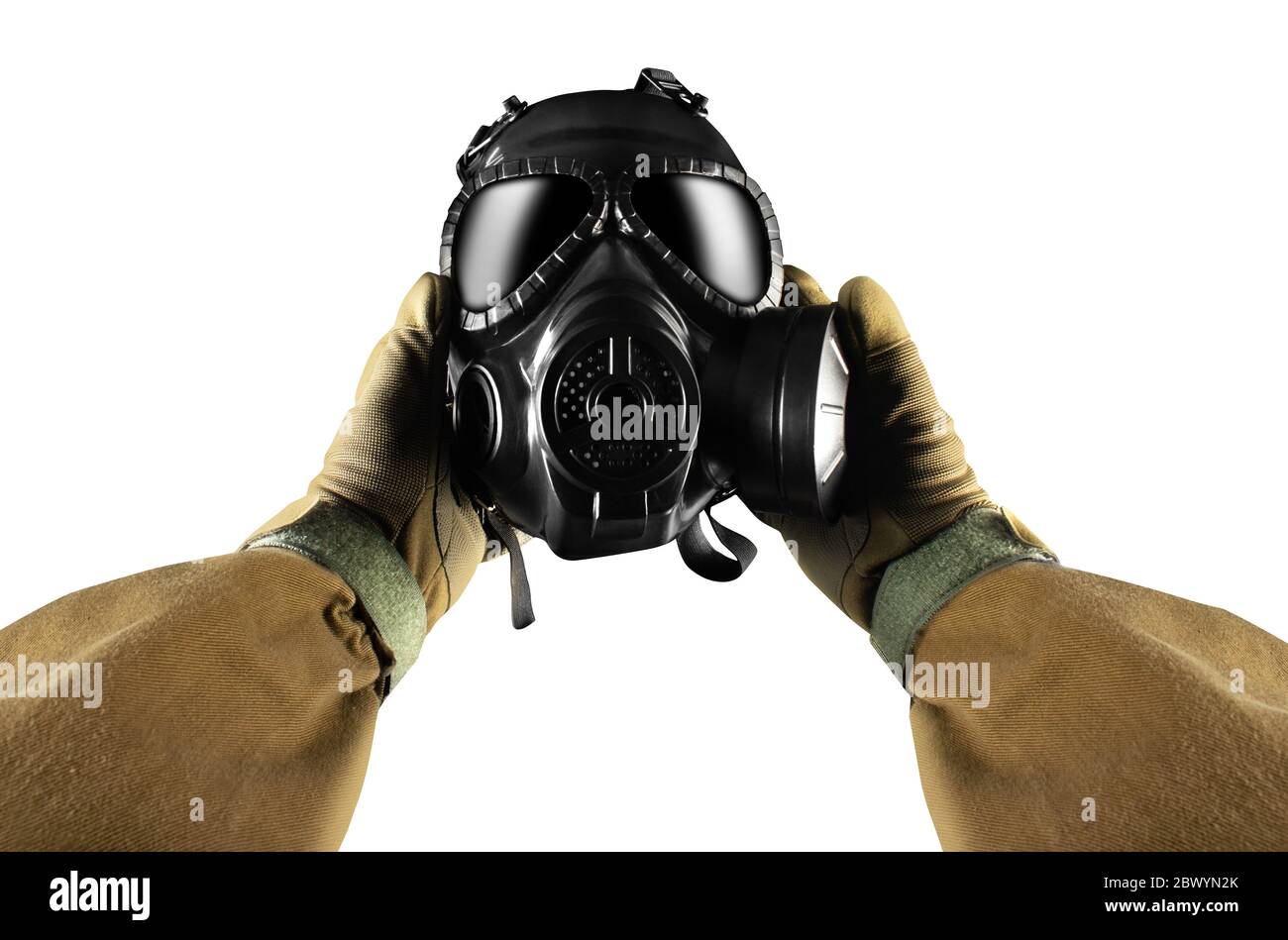 Isolated first person view military hands in tactical gloves holding ...