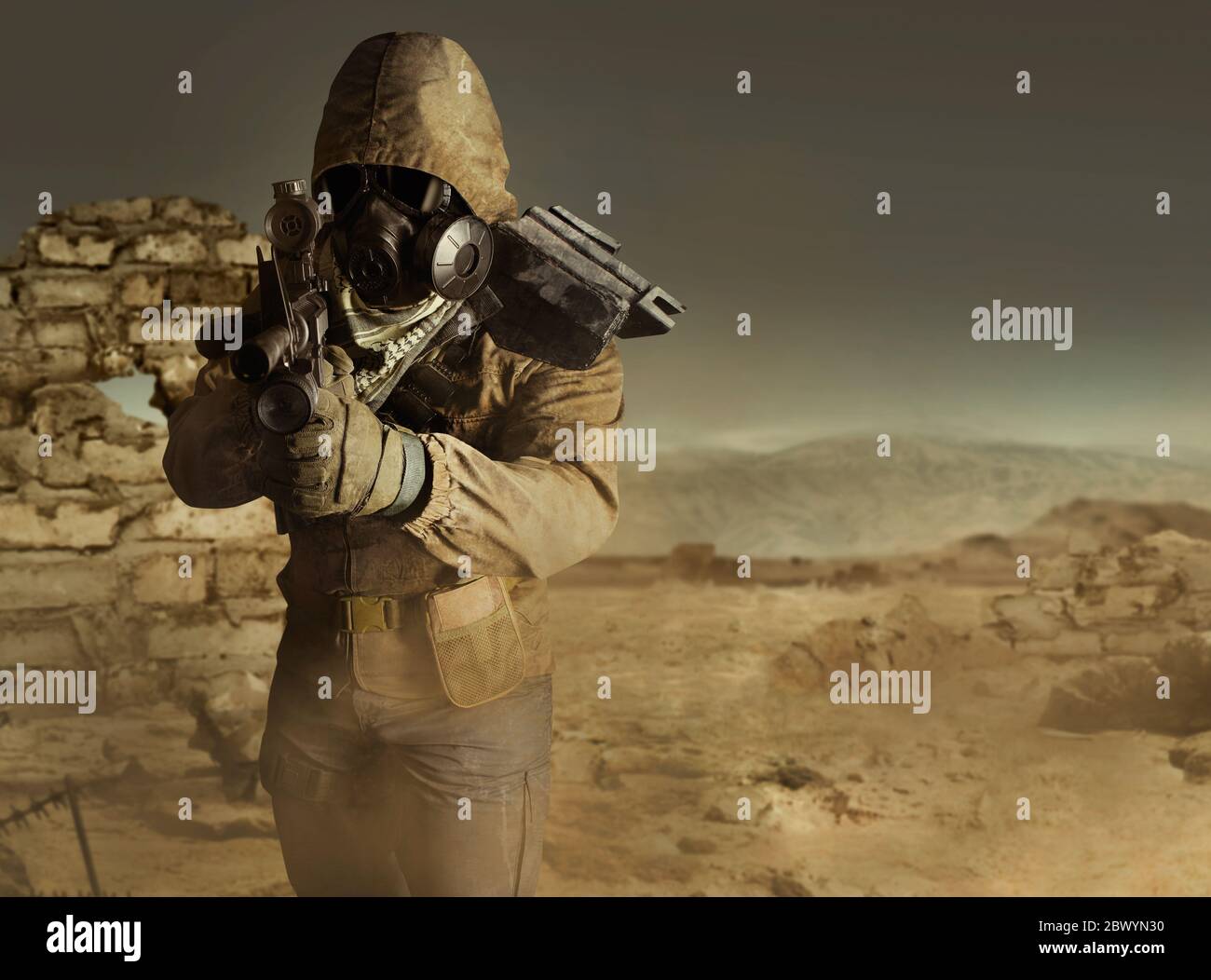 Photo of a desert post-apocalyptic soldier in tactical jacket, gas mask ...