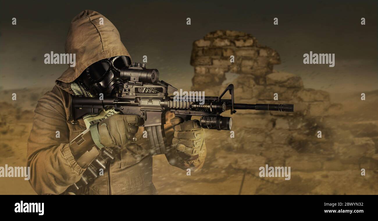 Photo of a desert post-apocalyptic soldier in tactical jacket, gas mask ...