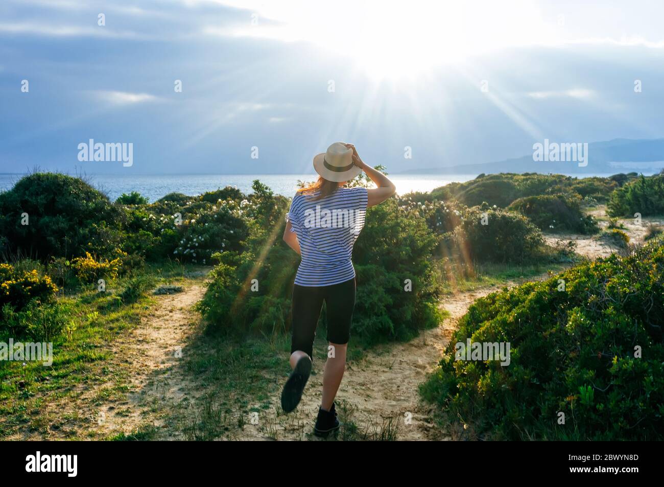 Young woman enjoying nature. Happy girl walking in field at sunset ...