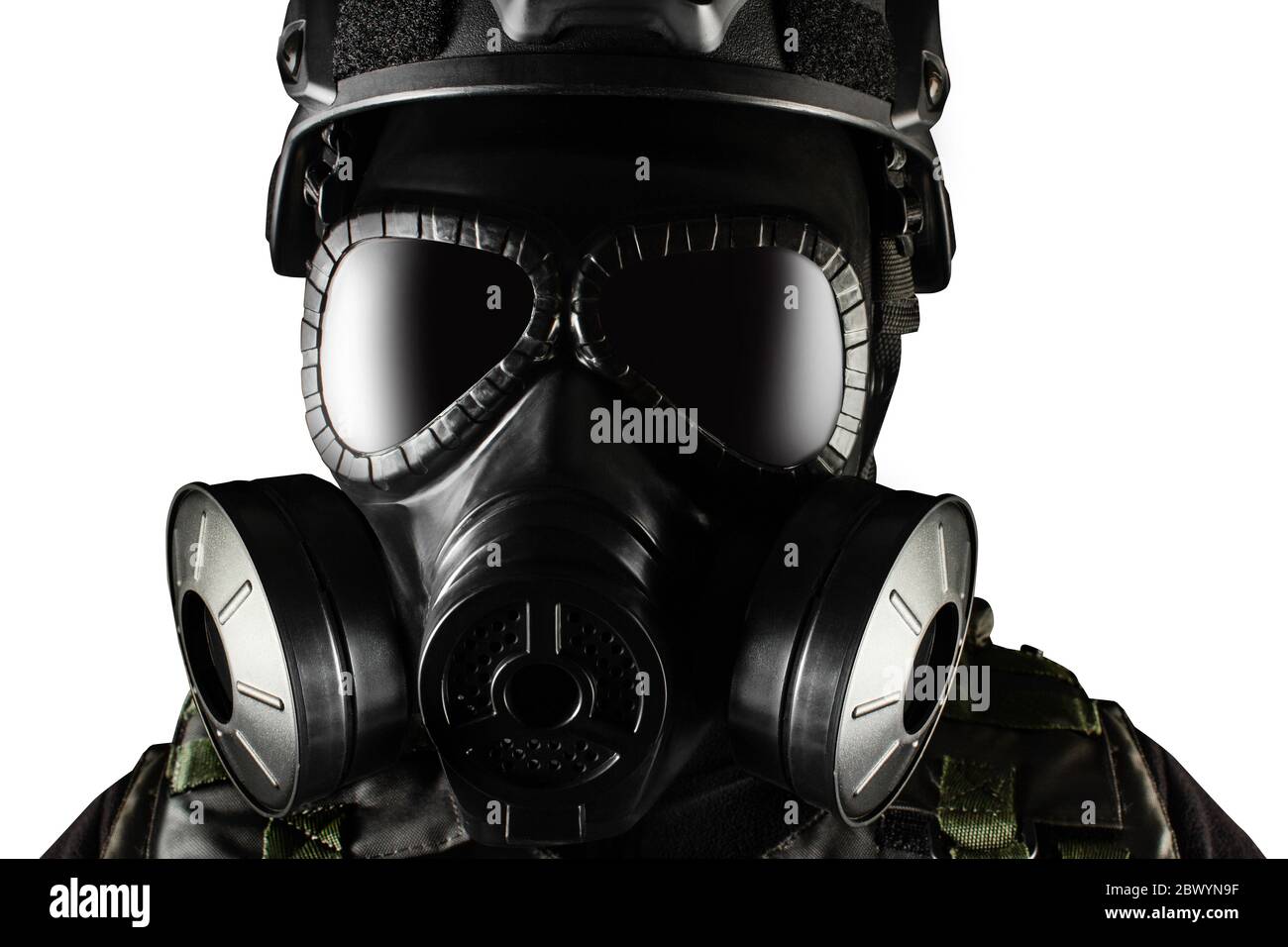 Photo of a fully equipped soldier in black armor tactical vest, gas ...