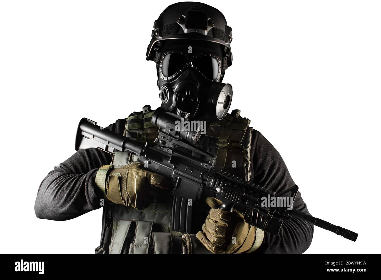 Photo of a fully equipped soldier in black armor tactical vest, gas ...