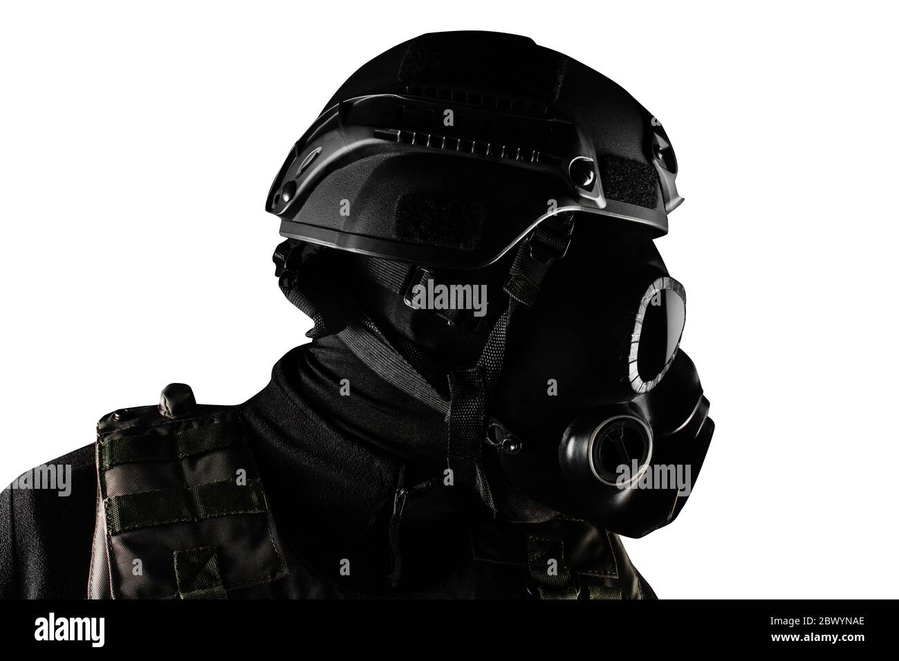 Photo of a fully equipped soldier in black armor tactical vest, gas ...