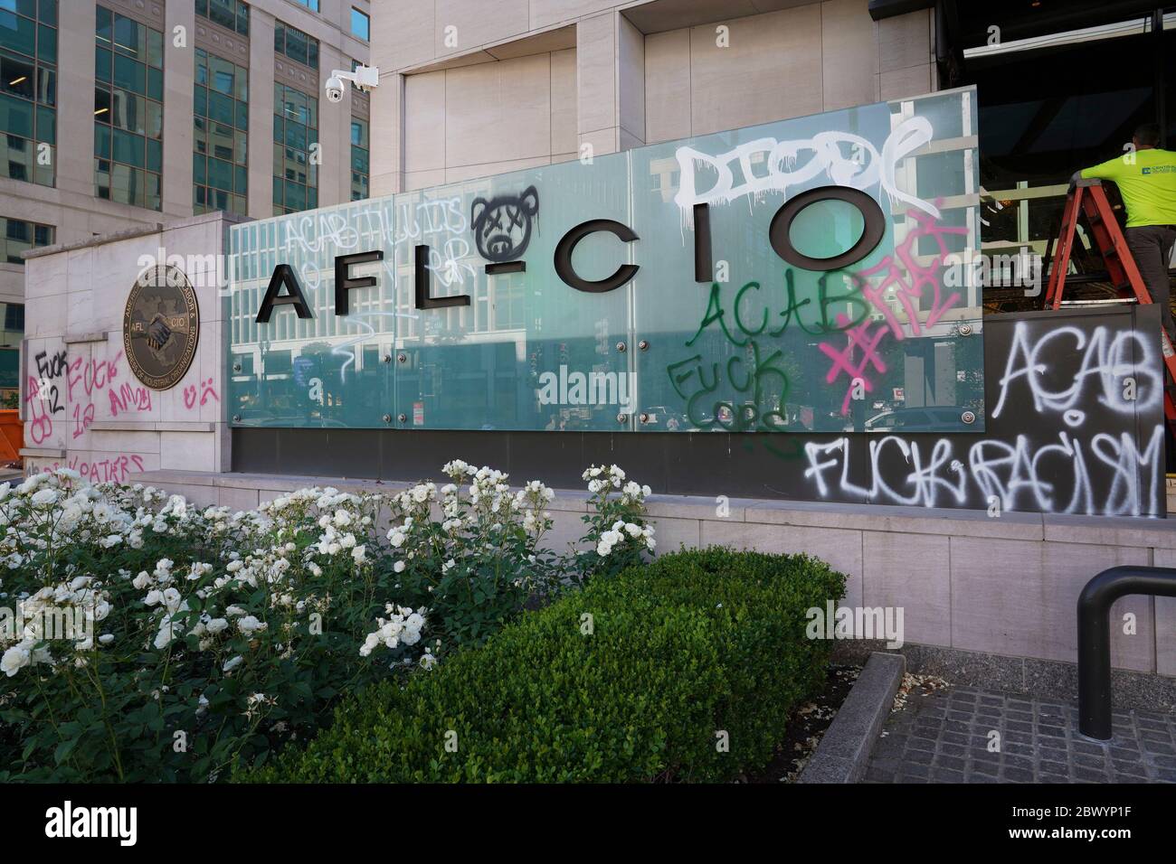 Washington, DC, USA. 1st June, 2020. Graffiti covers the ground floor ...