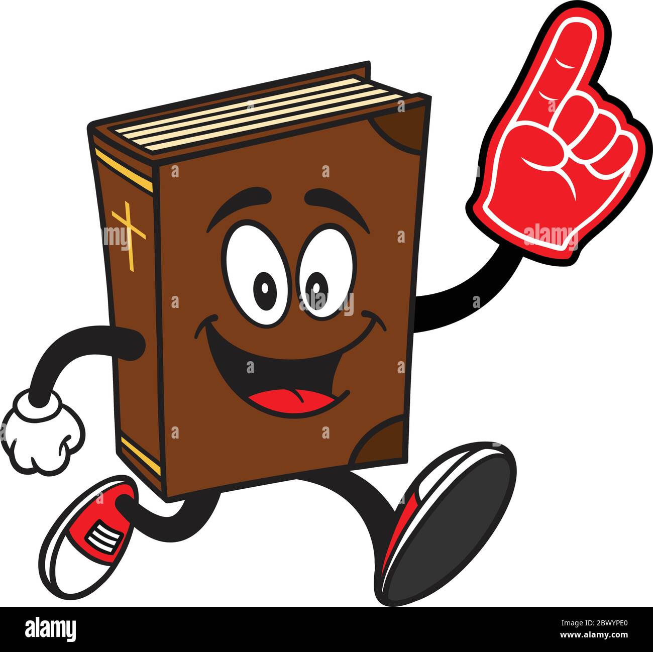 Bible Mascot Running with Foam Finger - A cartoon illustration of a ...
