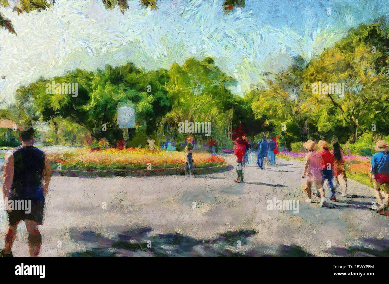 People strolling around the park in the park on a sunny day ...