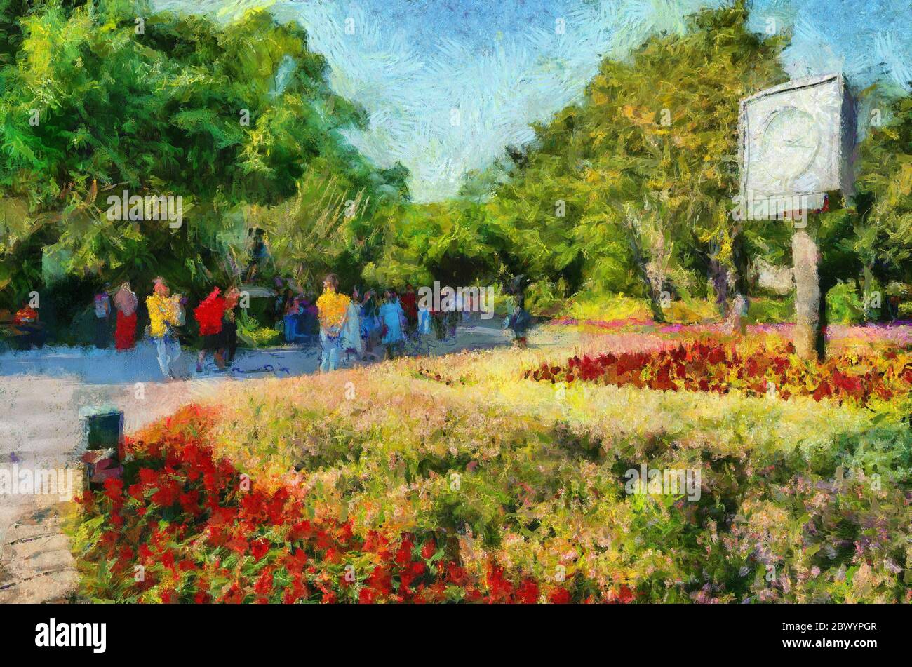 People strolling around the park in the park on a sunny day ...