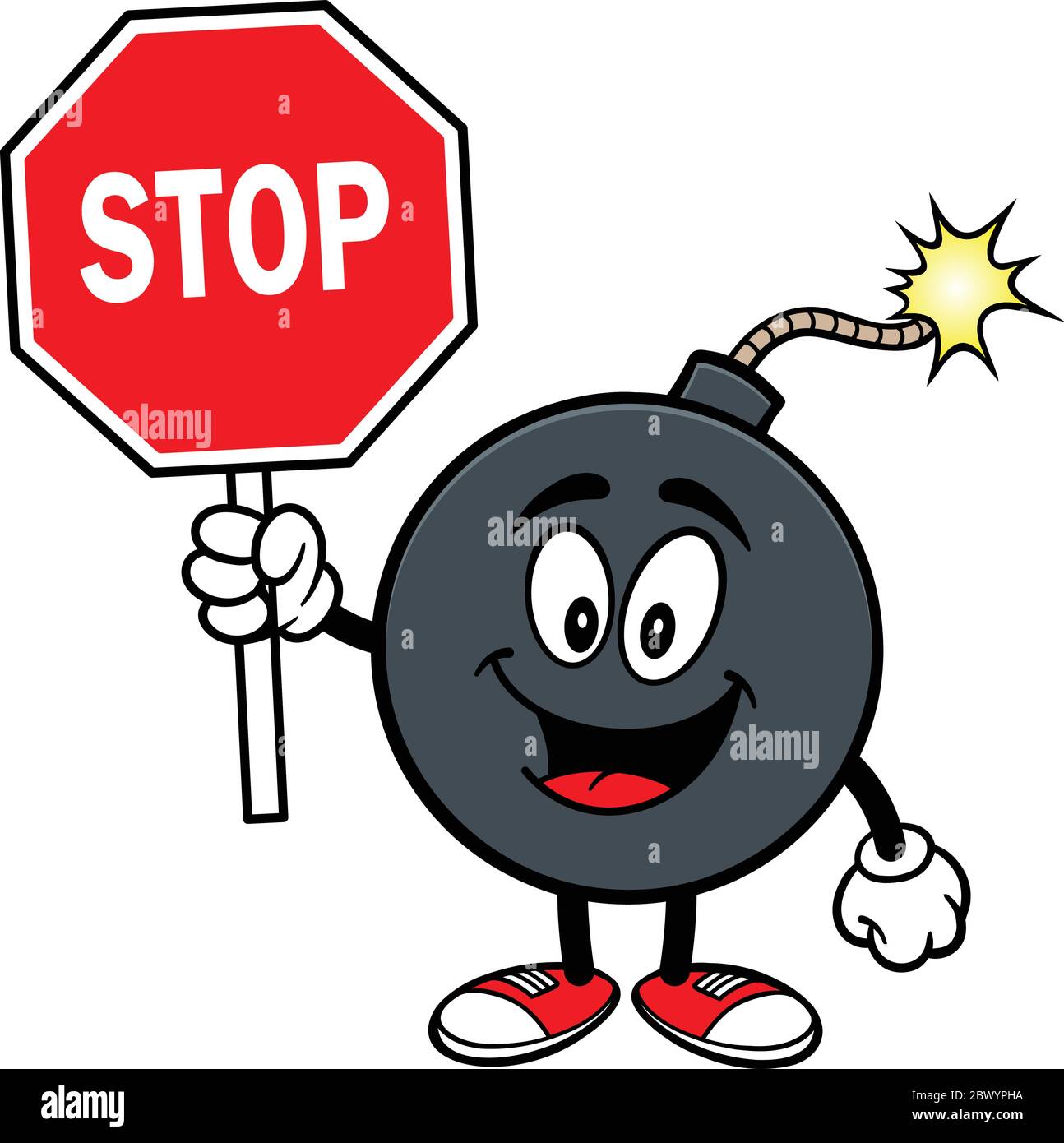 Bomb Mascot with Stop Sign- A Cartoon Illustration of a Bomb Mascot ...