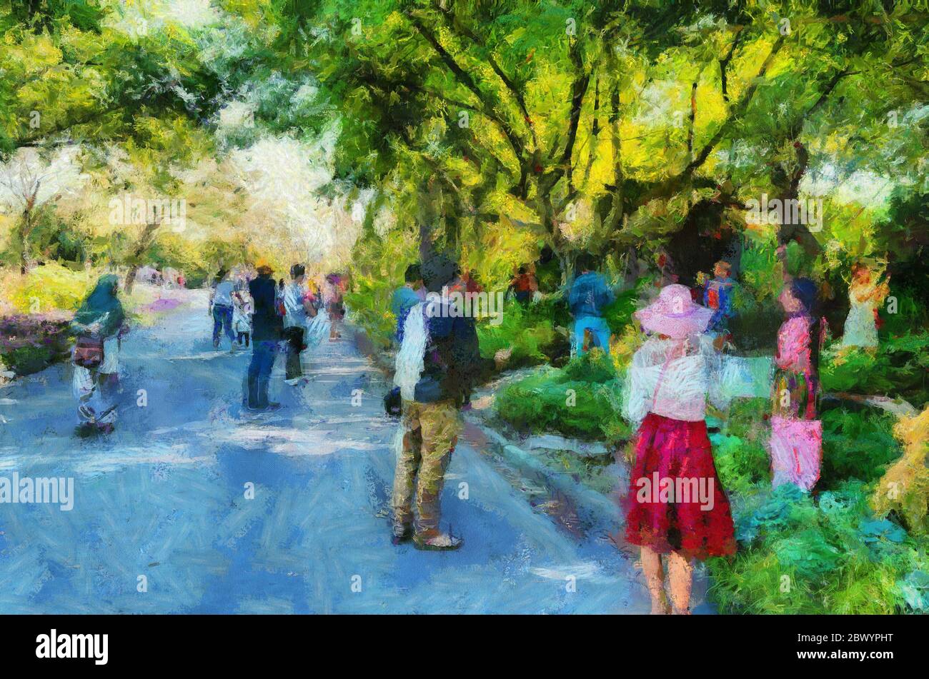 People strolling around the park in the park on a sunny day ...