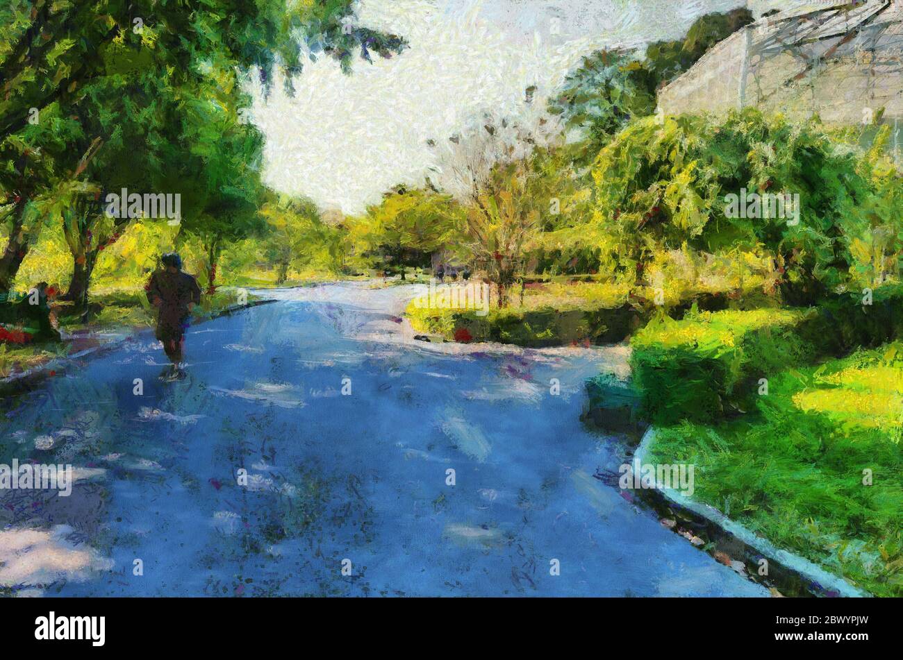 People strolling around the park in the park on a sunny day ...