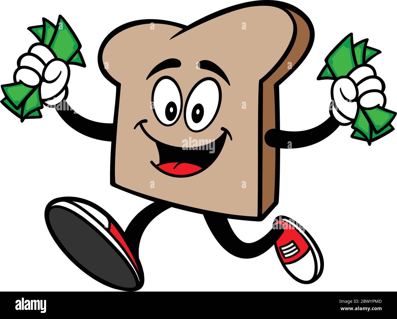 Bread Slice Mascot Running with Money - A cartoon illustration of a ...