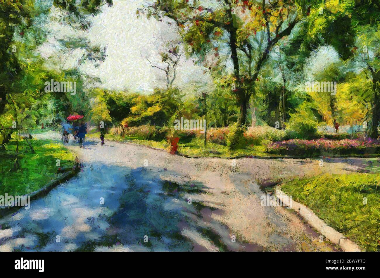 People strolling around the park in the park on a sunny day ...