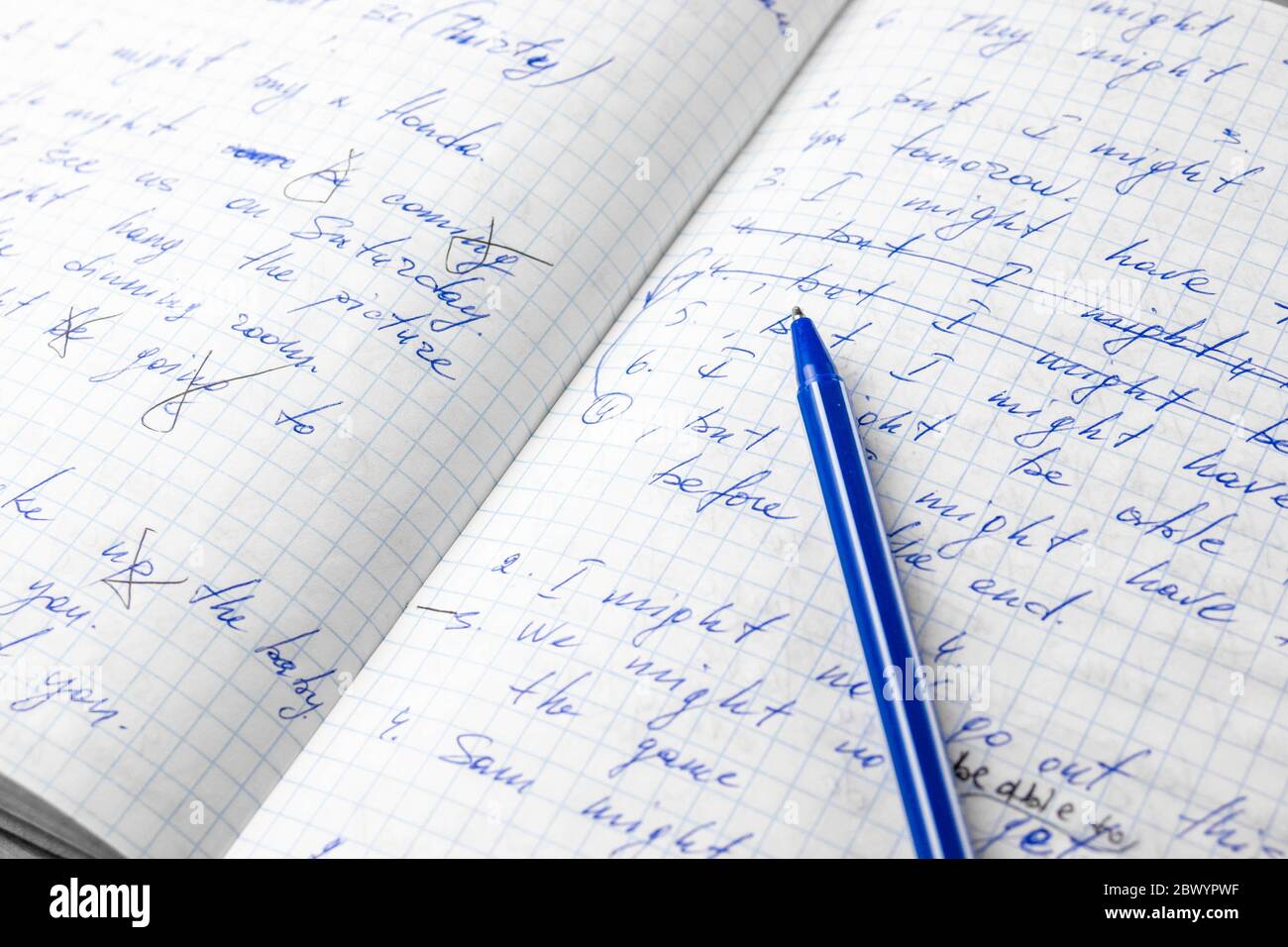 Sheets of school student notebook scribbled with a blue ballpoint pen ...