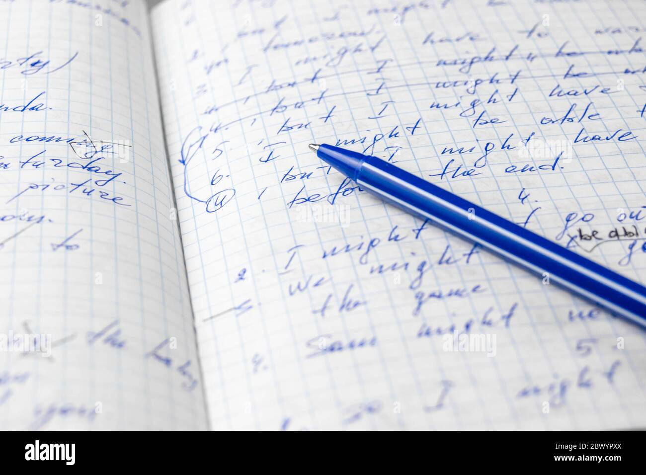 Sheets of school student notebook scribbled with a blue ballpoint pen ...