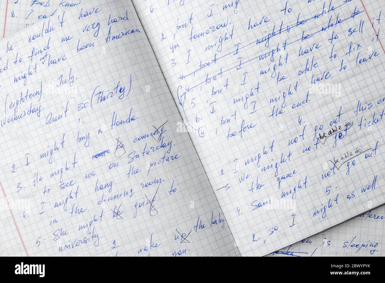 Sheets of school student notebook scribbled with a blue ballpoint pen ...
