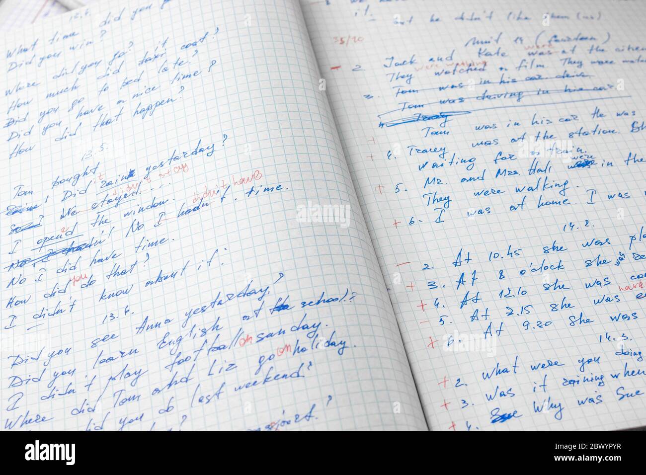 Sheets of school student notebook scribbled with a blue ballpoint pen ...