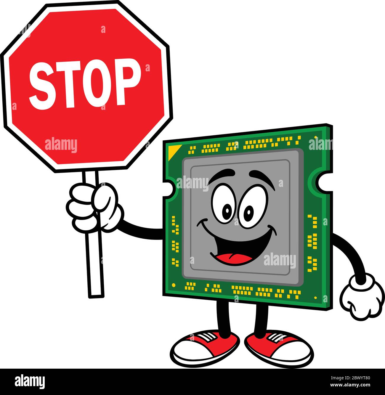 Computer Processor with a Stop Sign- A Cartoon Illustration of a ...