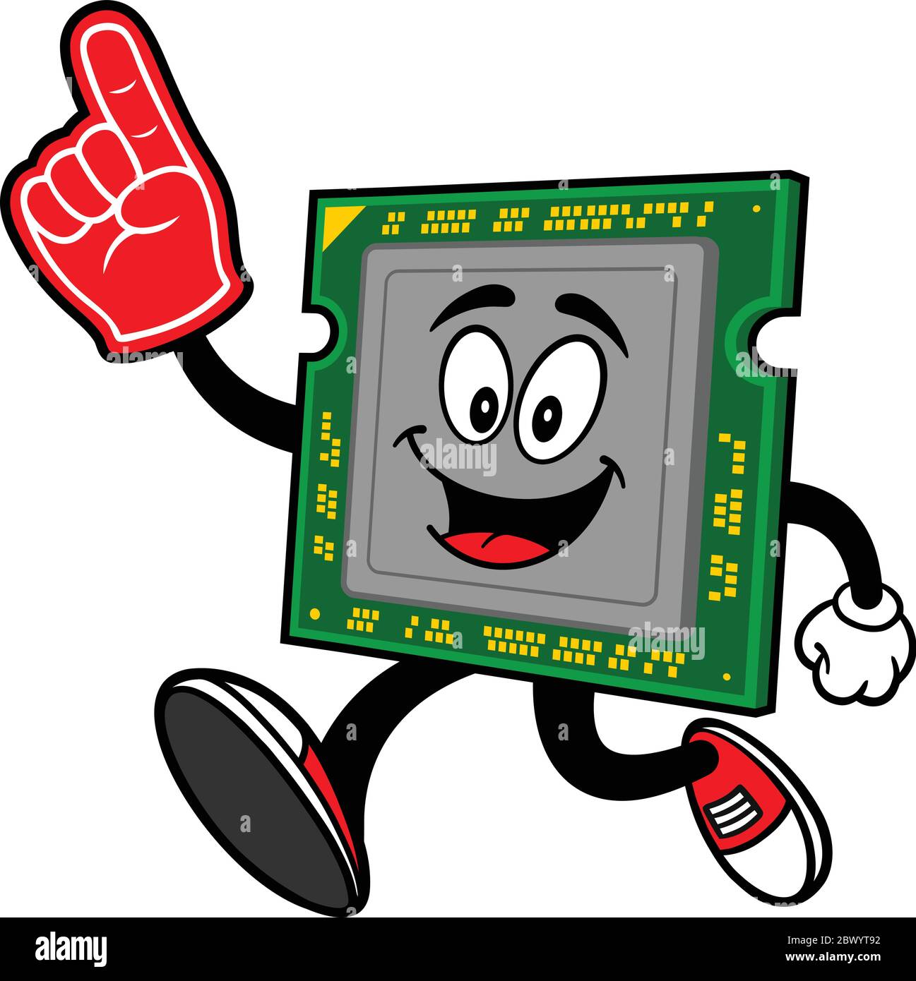 Computer Processor Running with a Foam Finger- A Cartoon Illustration ...