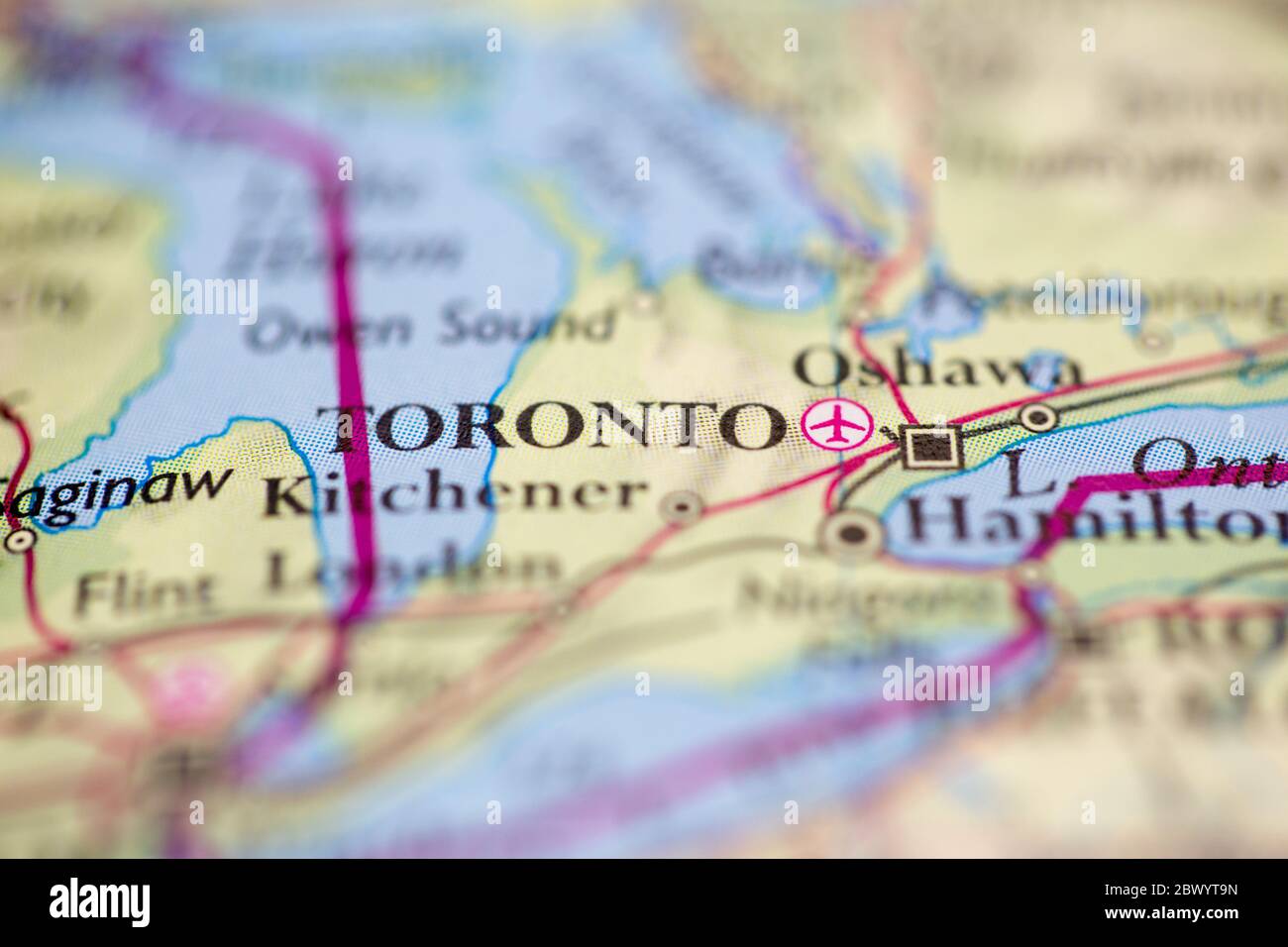 Shallow depth of field focus on geographical map location of Toronto ...