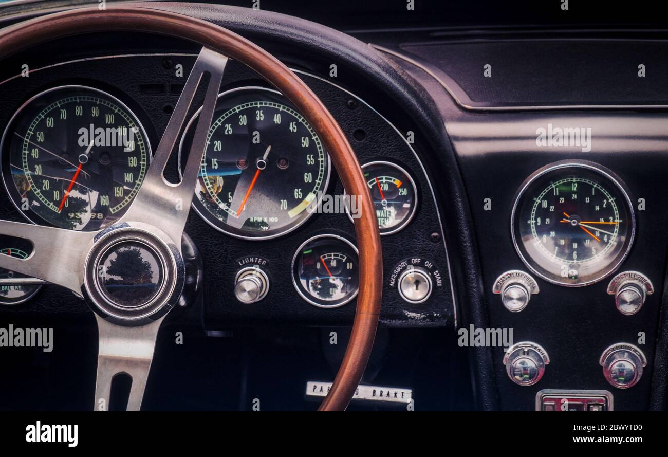 Part of the interior of an oldtimer luxury sports car with steering ...