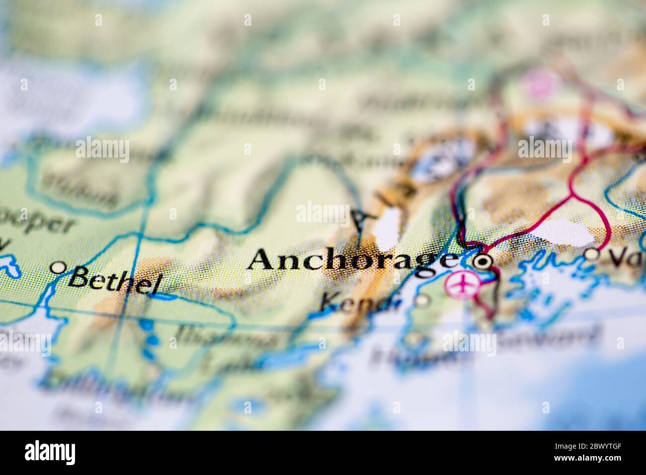 Shallow depth of field focus on geographical map location of Anchorage ...