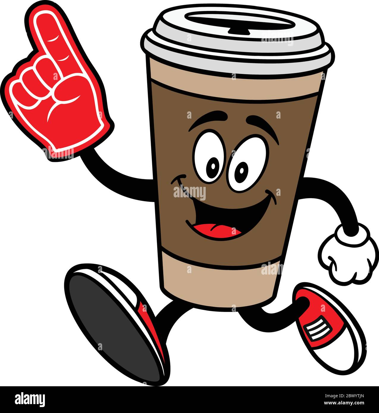 Coffee Mascot Running with Foam Finger - A cartoon illustration of a ...