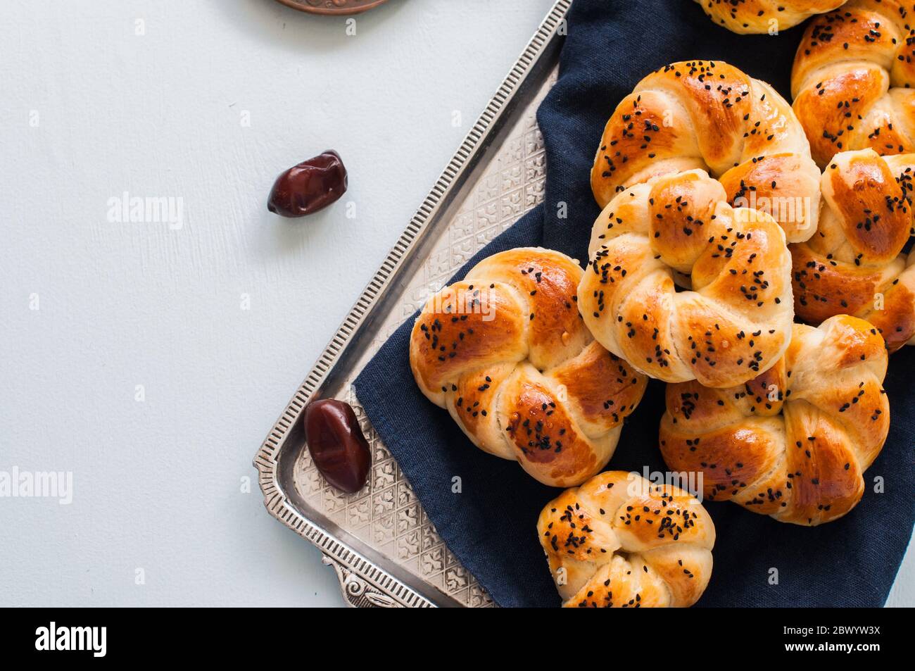 Homemade turkish bagel pogaca with nigella seeds. Freshly backed swirl ...
