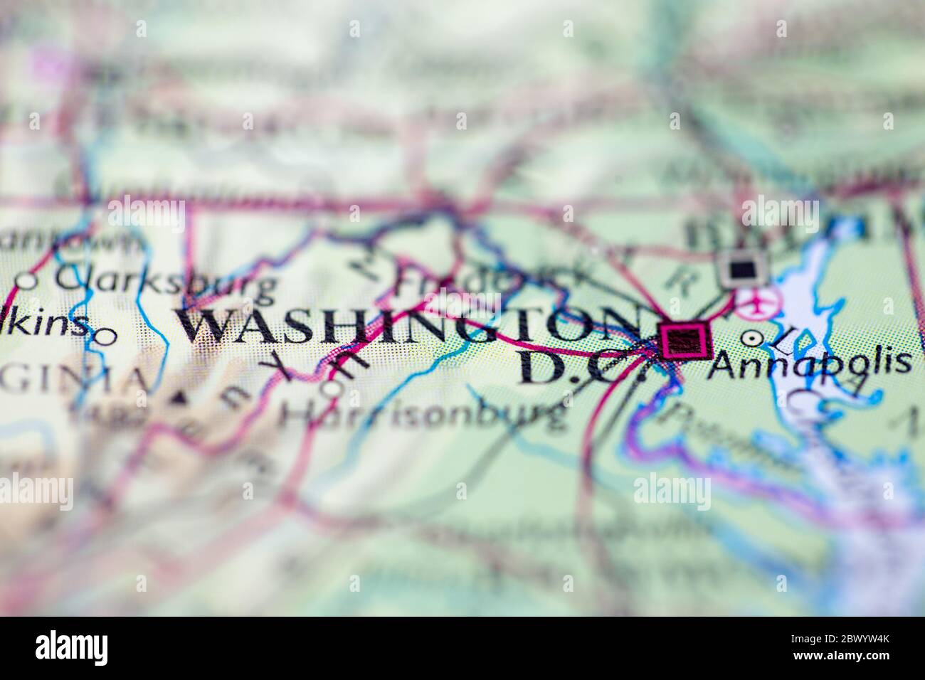 Shallow depth of field focus on geographical map location of Washington ...