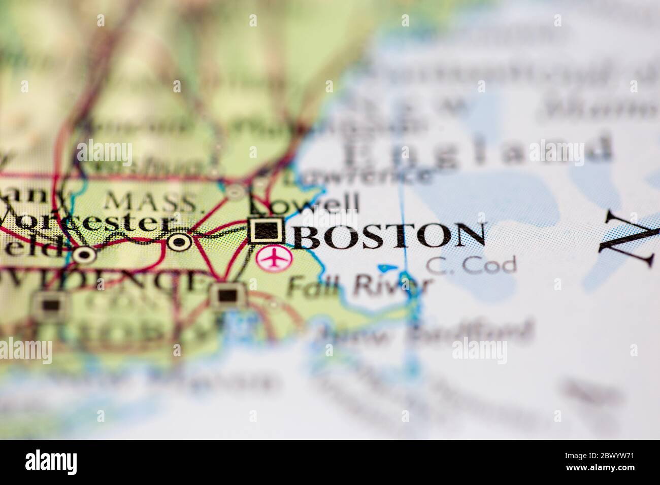 Shallow depth of field focus on geographical map location of Boston ...