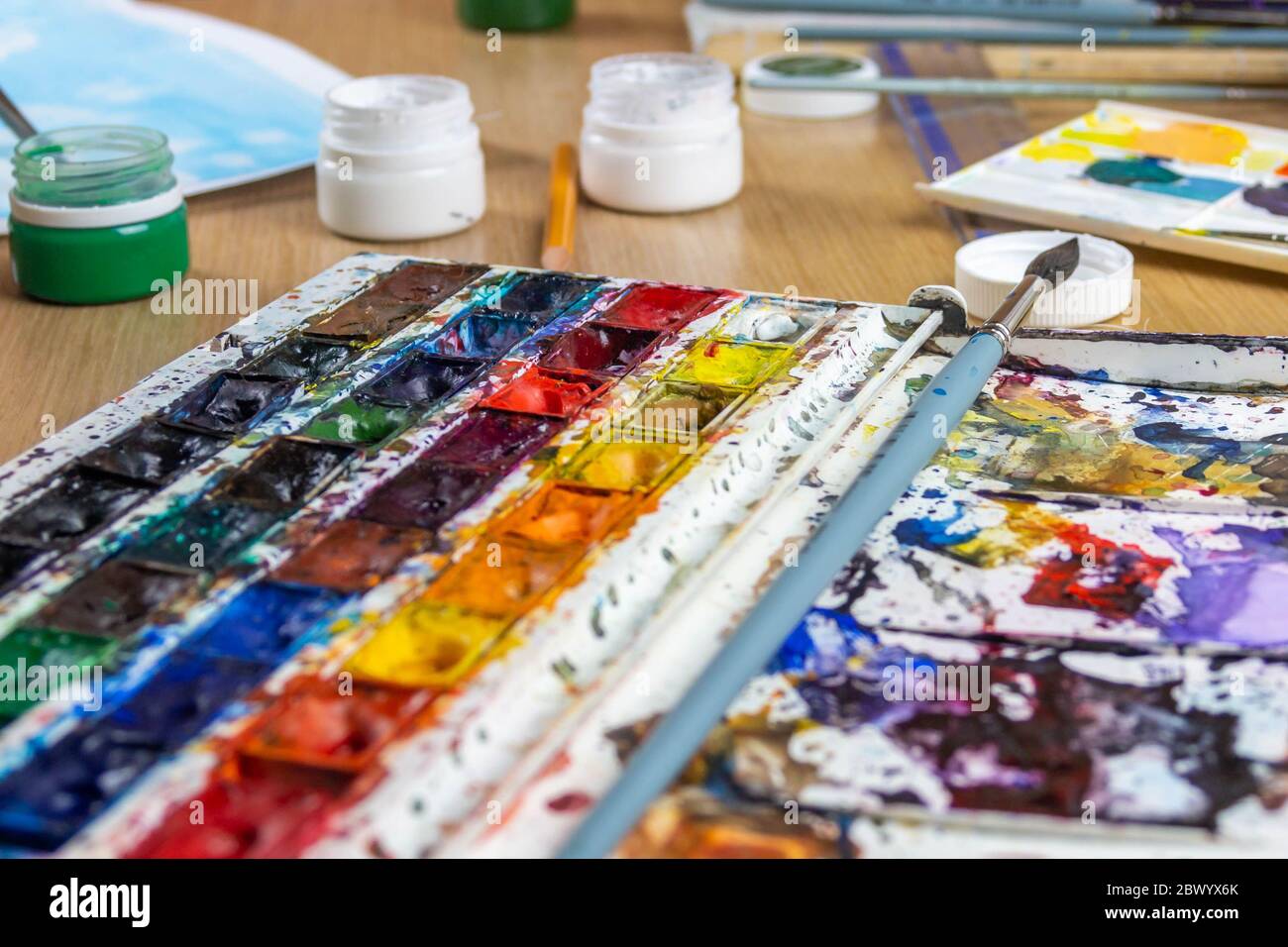Set palette of multicolor art oil and gouache paints for drawing a ...