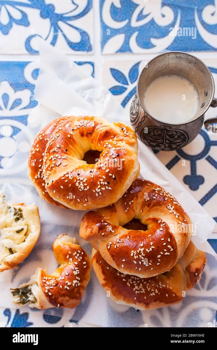 Homemade yeasty buns with cheese and herbs. Freshly backed turkish ...