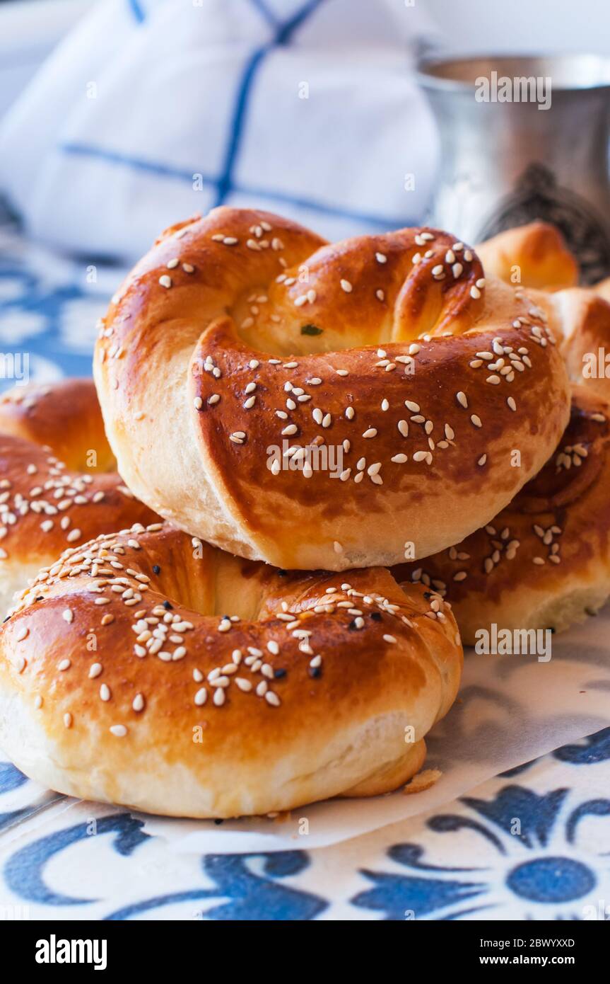 Homemade yeasty buns with cheese and herbs. Freshly backed turkish ...