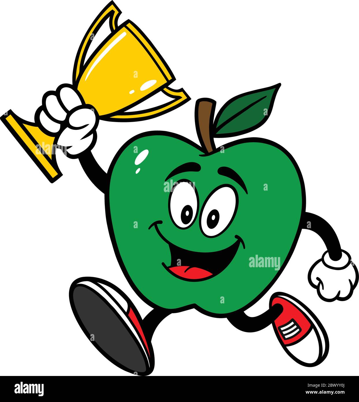 Green Apple Mascot Running with Trophy - A cartoon illustration of a ...