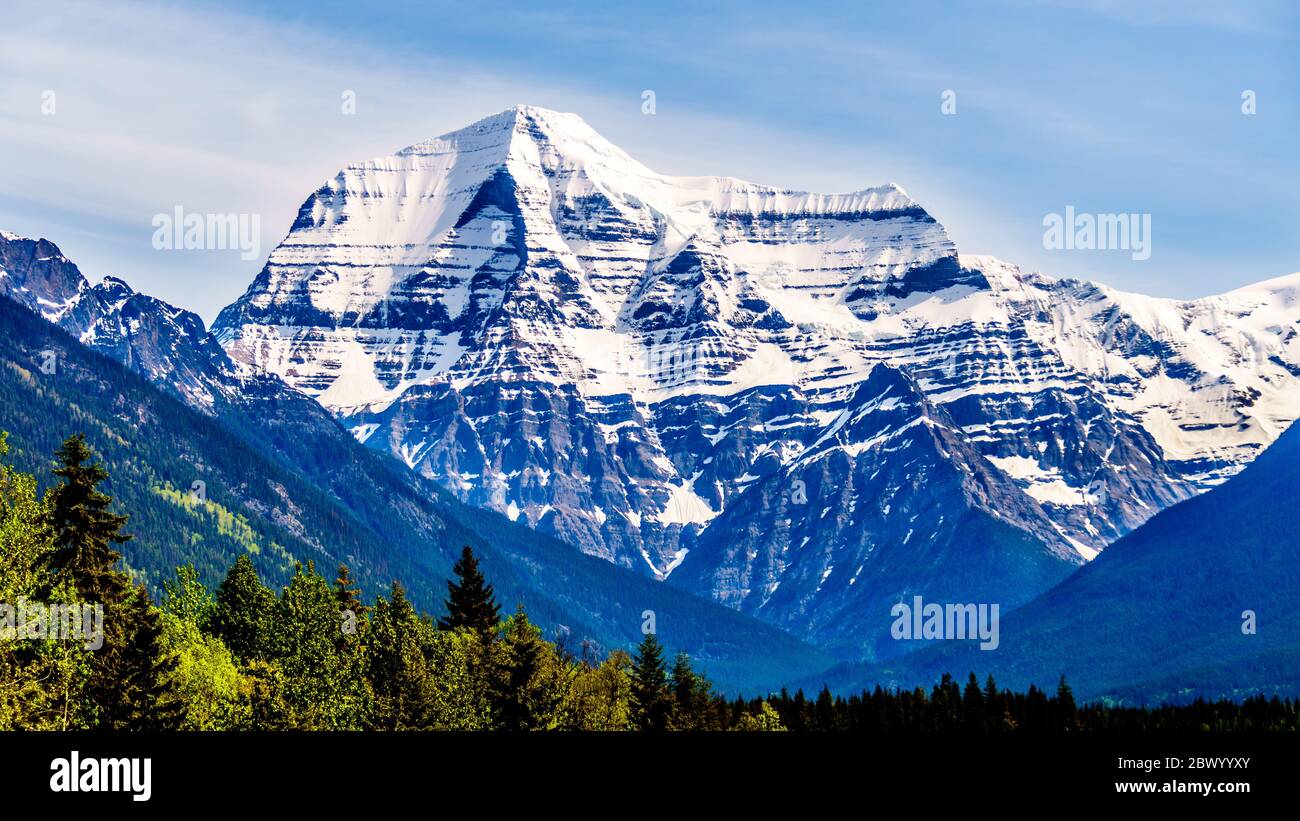 The snow capped peak of Mount Robson, the highest peak in the Canadian Rockies in Mt. Robson ...