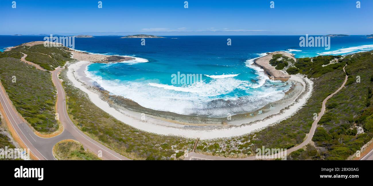 Aerial panoramic view of the road adjacent to Salmon beach which is ...