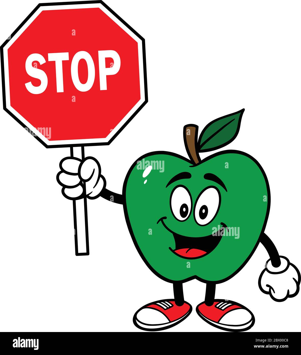 Green Apple Mascot with Stop Sign - A cartoon illustration of a Green ...