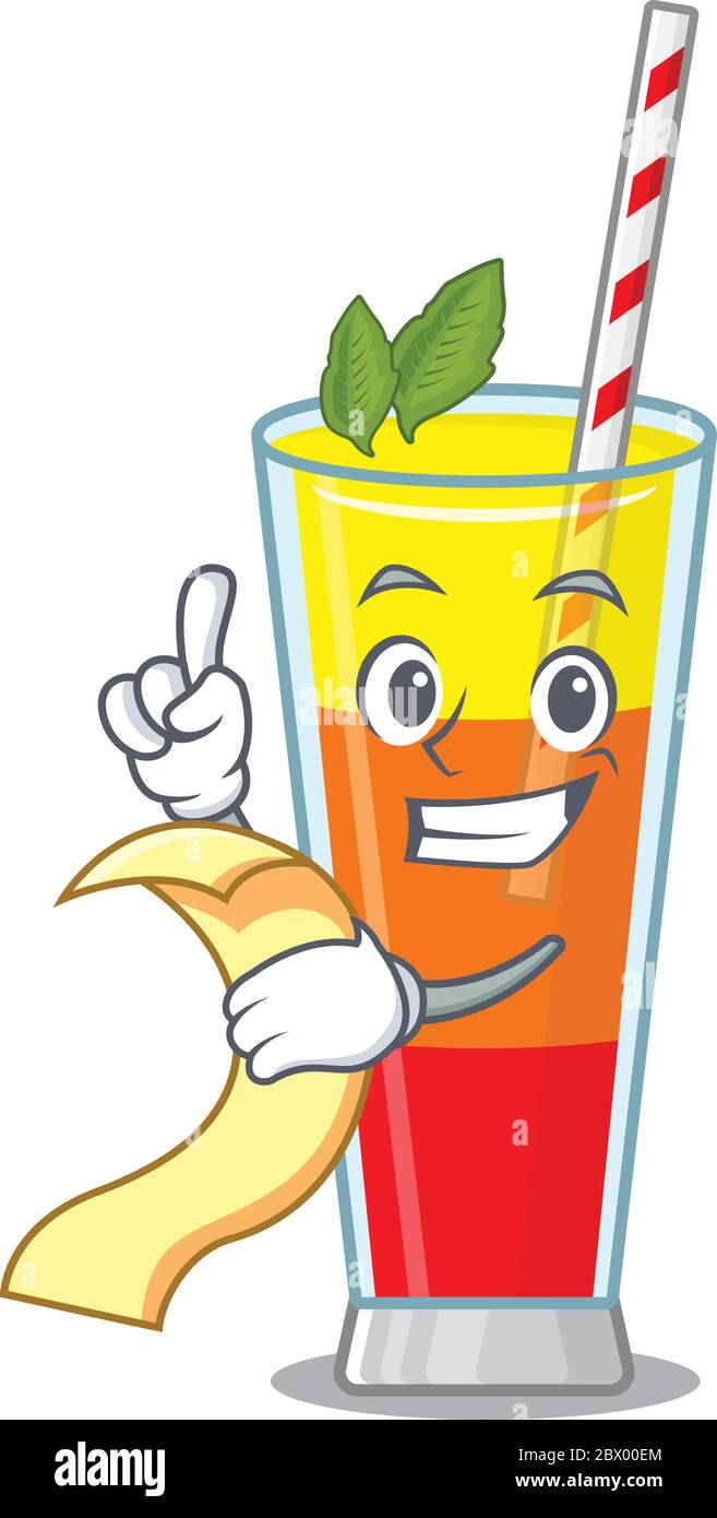 Tequila sunrise cocktail mascot character style with a menu on his hand ...