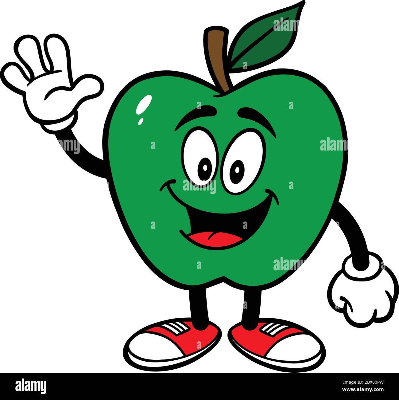 Green Apple Mascot Waving A Cartoon Illustration Of A Green Apple