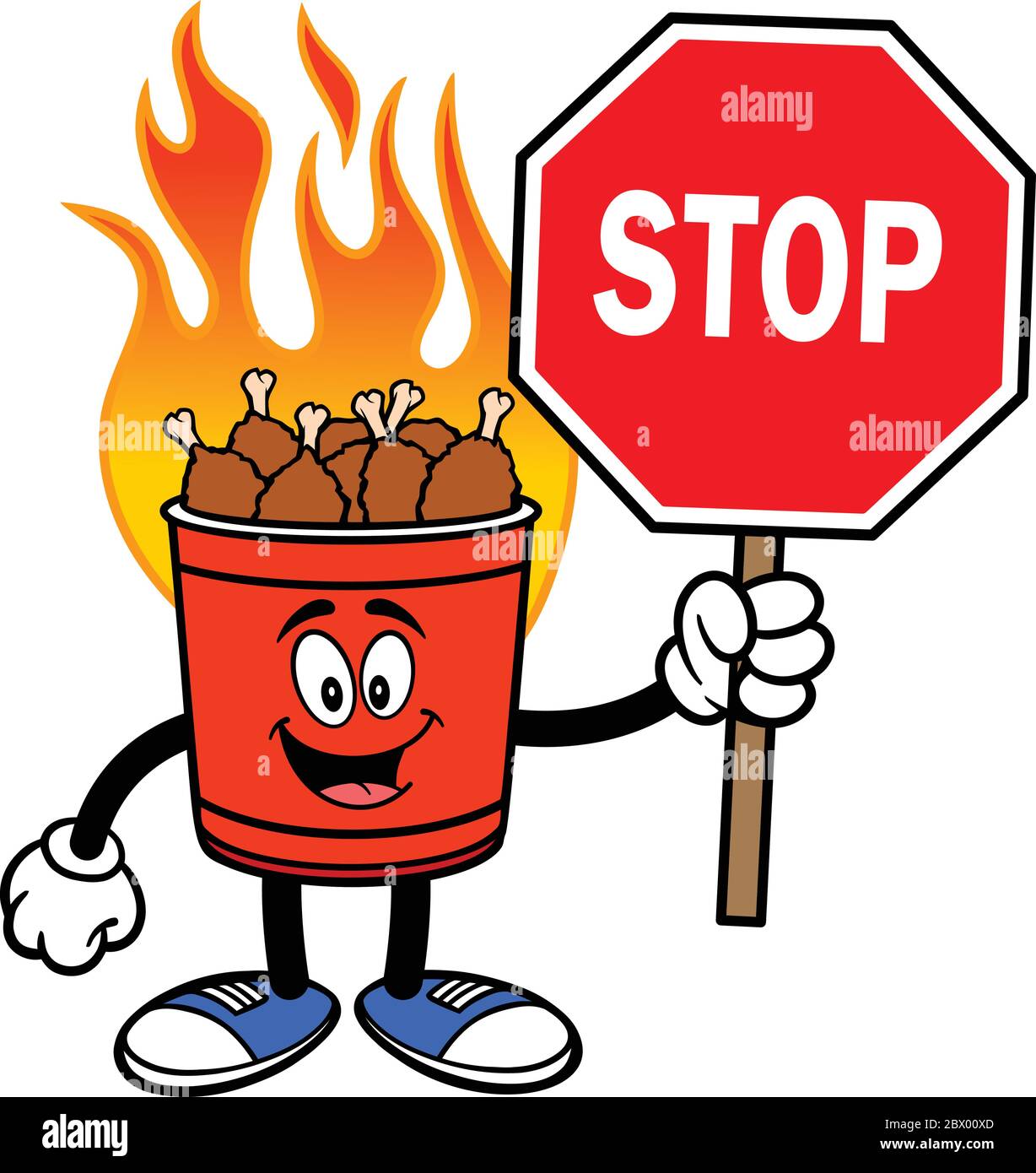 Hot Wing Bucket Mascot with Stop Sign- A Cartoon Illustration of a Hot ...