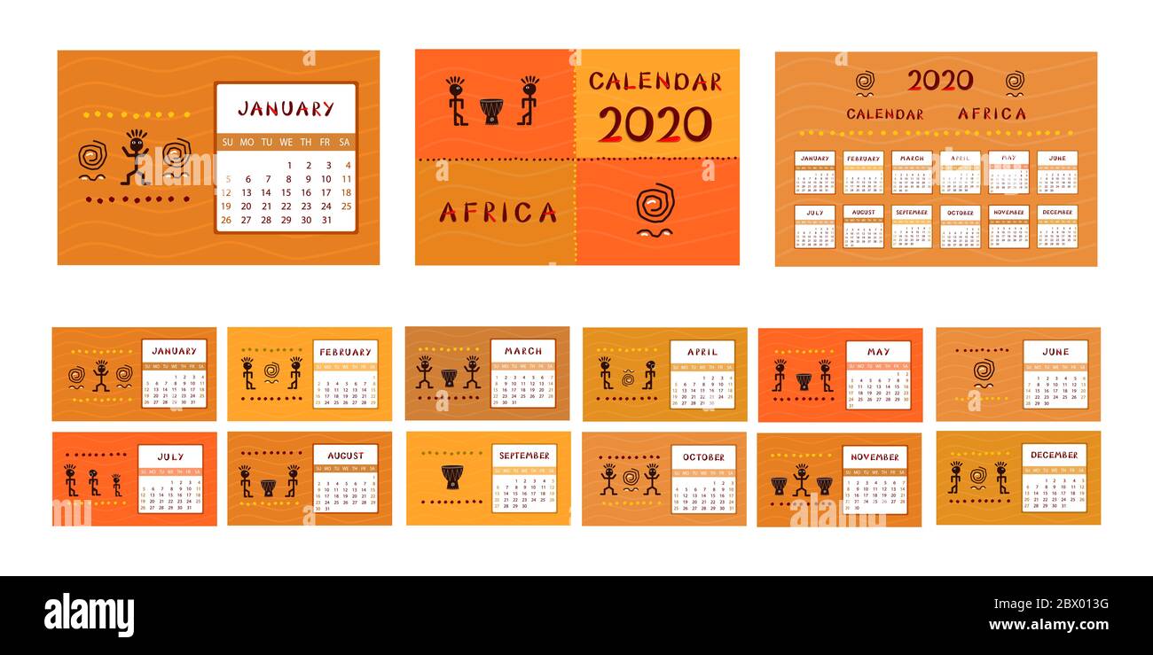 Calendar Africa 2020. Week starts on Sunday.Colorful design with ethnic ...