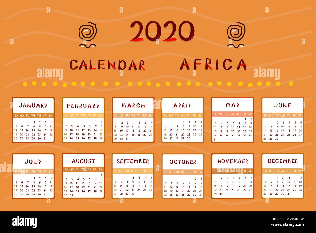 Calendar Africa 2020. Week starts on Sunday.Colorful design with ethnic ...