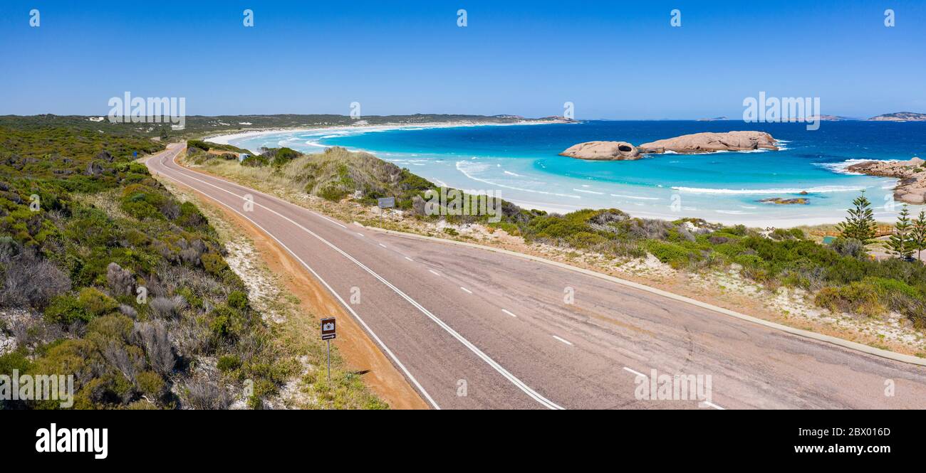 Aerial panoramic view of the road next to the beach at Twilight Cove ...